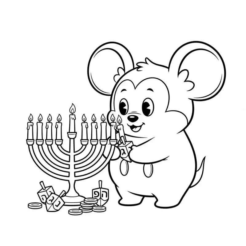 דף צביעה לחנוכה: עכבר מצויר מדליק חנוכייה ⚡ דף בצבע